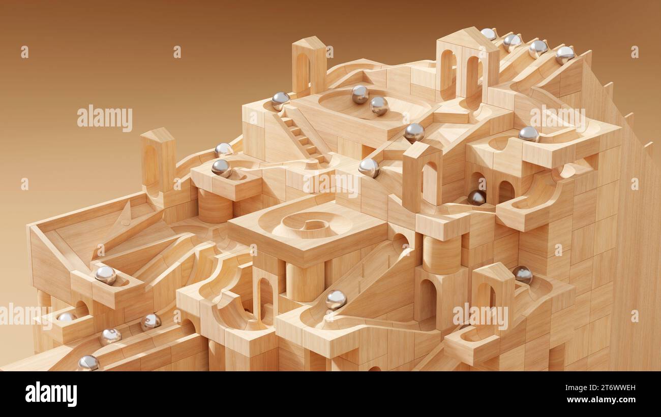 Wooden marble run machine on plain background. Rolling ball toys with ...