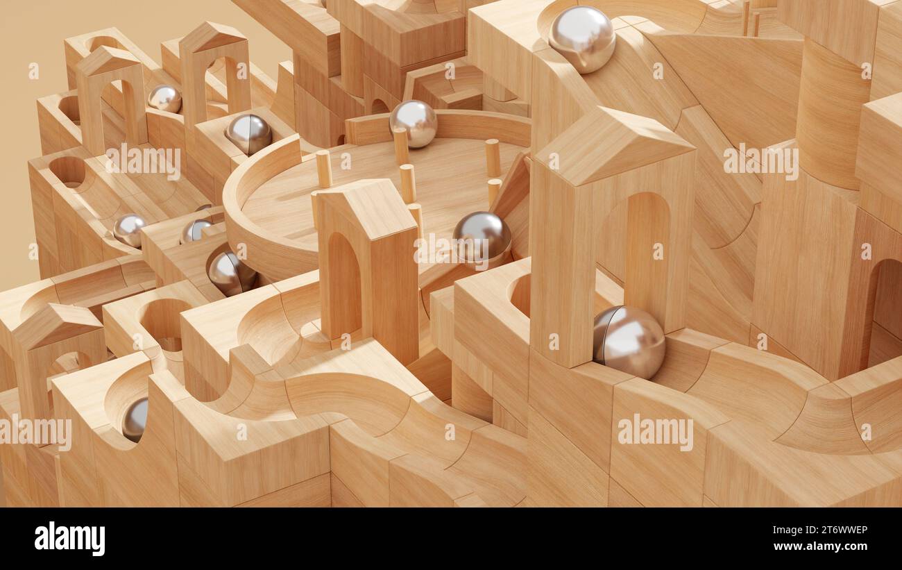 Wooden marble run machine on plain background. Rolling ball toys with ...
