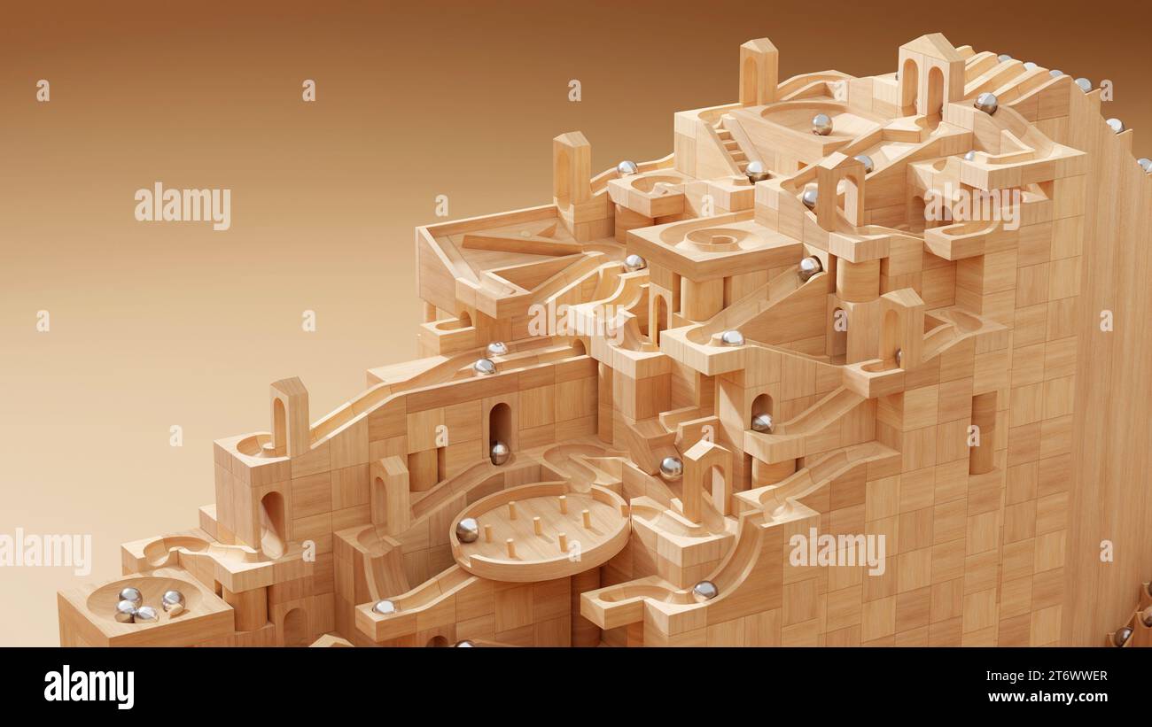 Colorful marble run machine on plain background. Rolling ball toys with ...