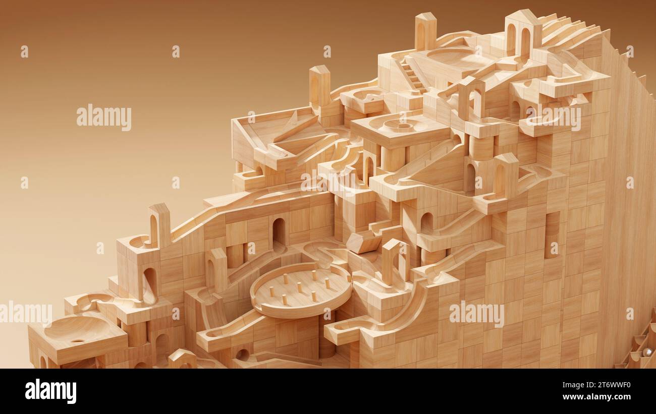 Wooden marble run machine on plain background. Rolling ball toys with ...