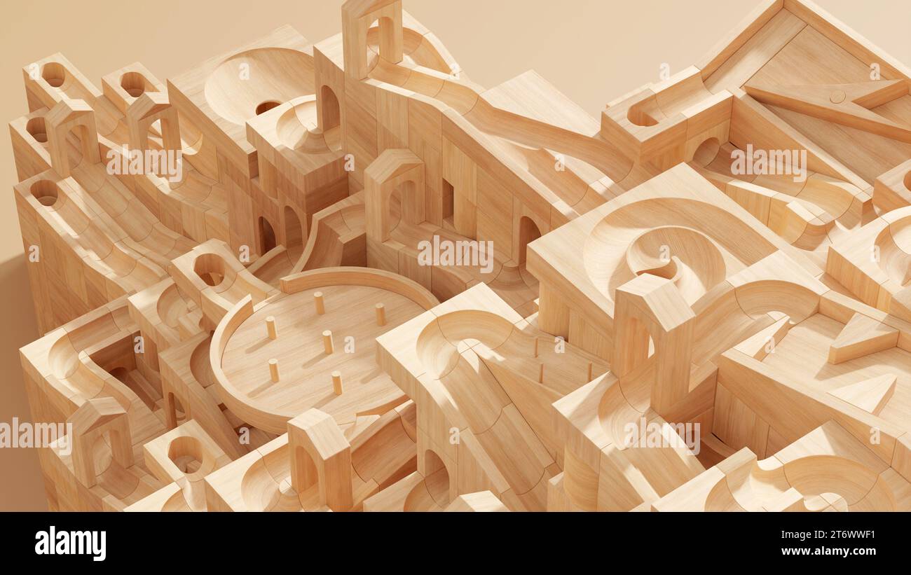 Wooden marble run machine on plain background. Rolling ball toys with ...