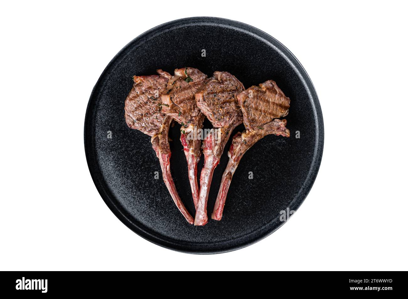 BBQ Grilled lamb chops steaks in a plate. Isolated, white background ...