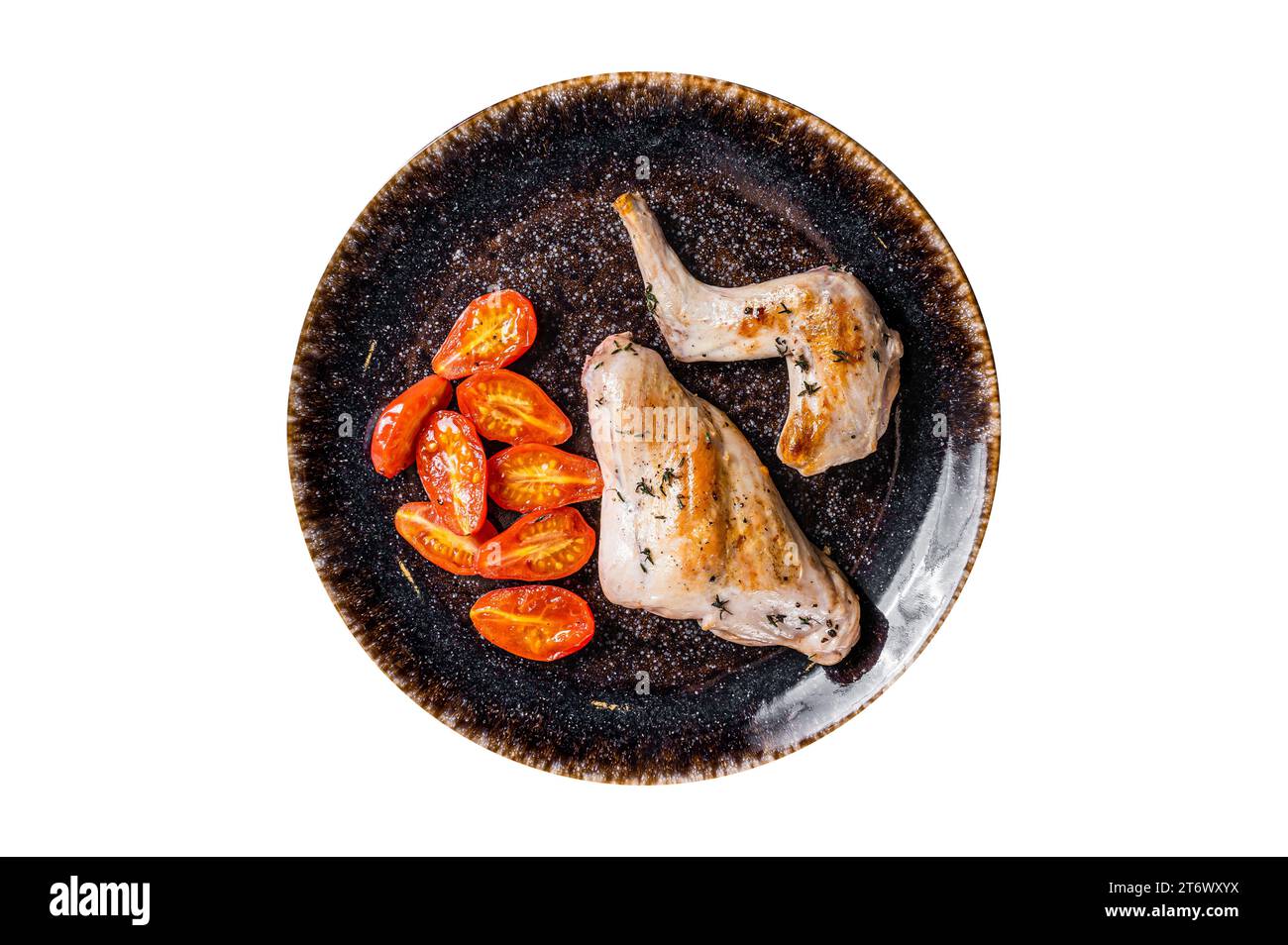 Baked hare legs on a plate with tomato. Isolated, white background. Top ...