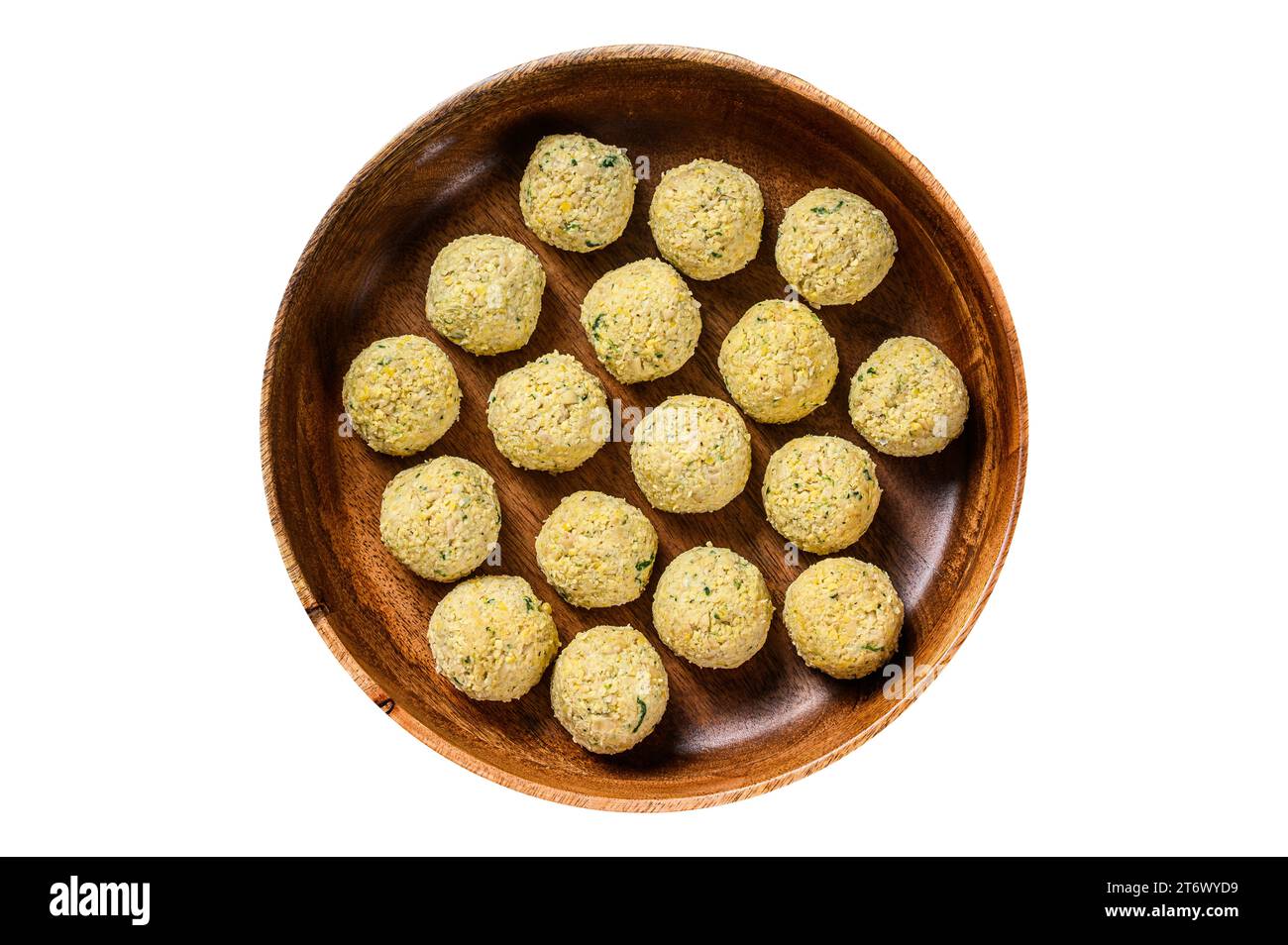 Fresh Raw falafel balls in a wooden plate. Isolated, white background ...