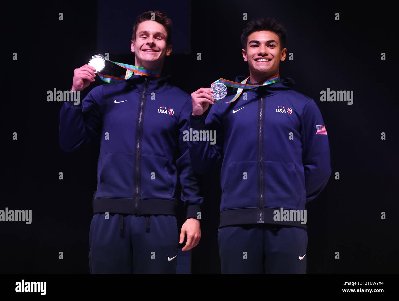 USA’s Ruben Padilla and Aliaksei Shostak pose with their Silver medals ...