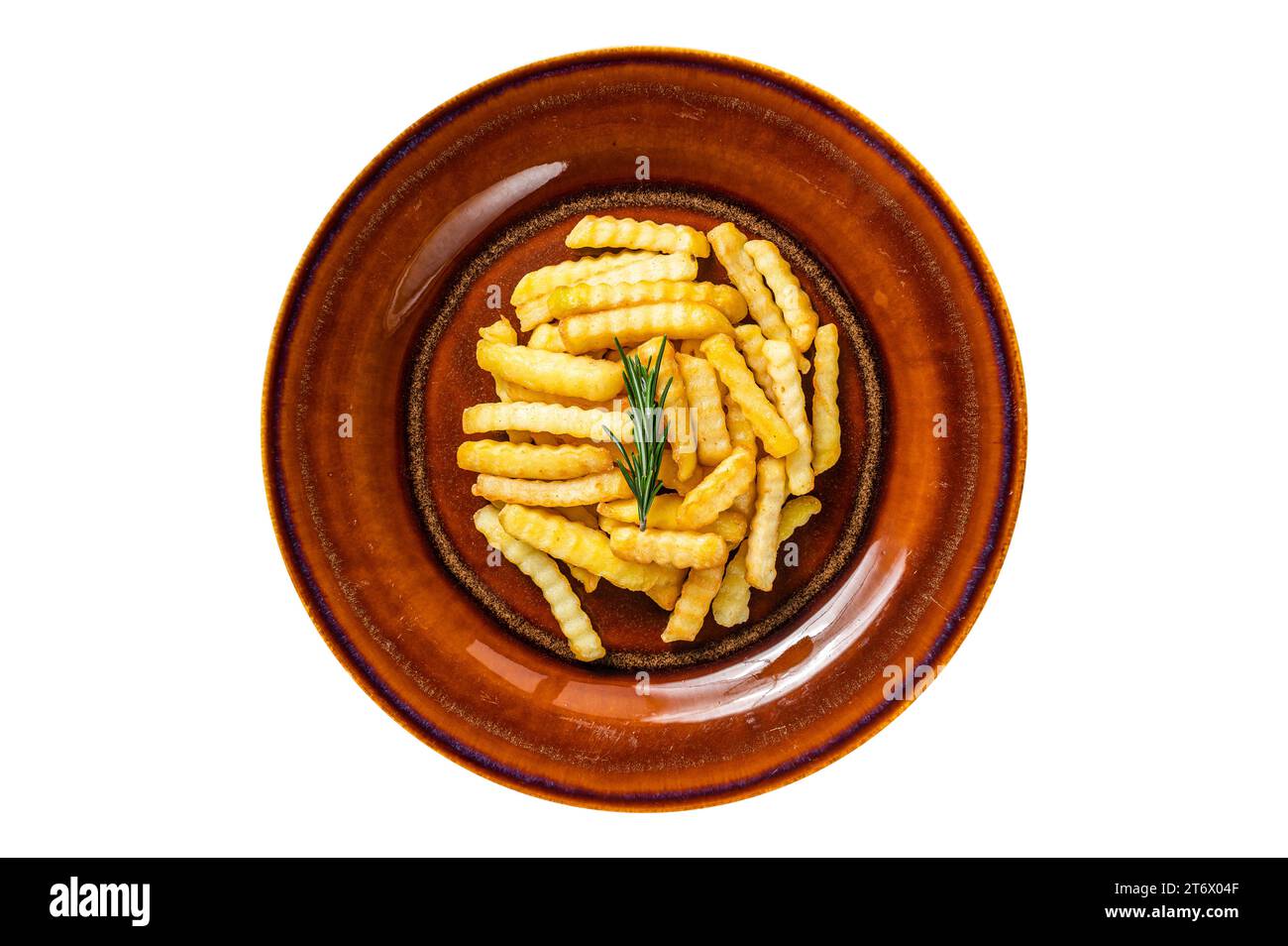 Fried Crinkle French fries potatoes or chips in a rustic plate Isolated ...