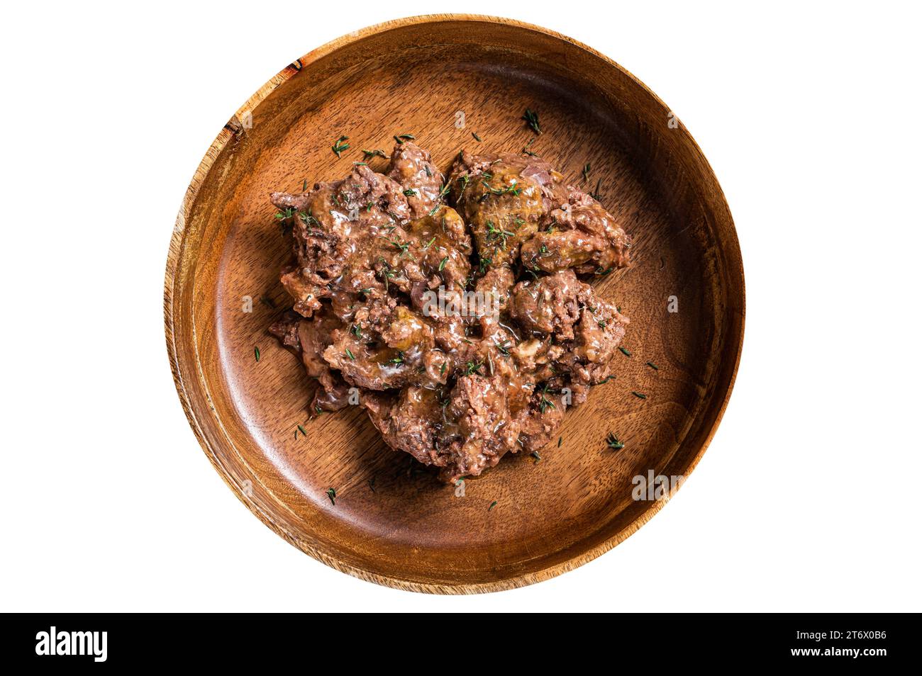 Stewed beef meat in a wooden plate. Isolated, white background. Top ...