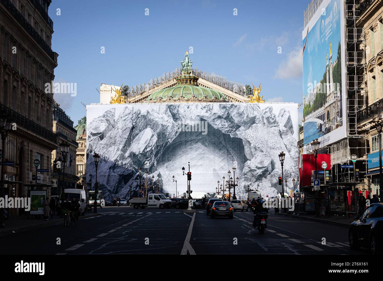 View of the facade of Opéra Garnier with JR artwork, at Place de l ...