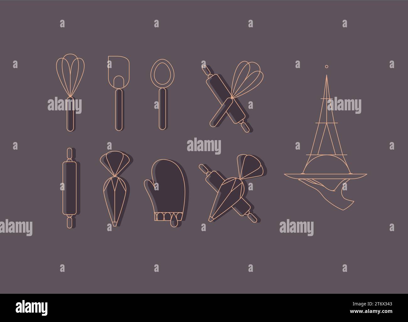 Kitchen utensils in art deco style to prepare bakery products whisk ...