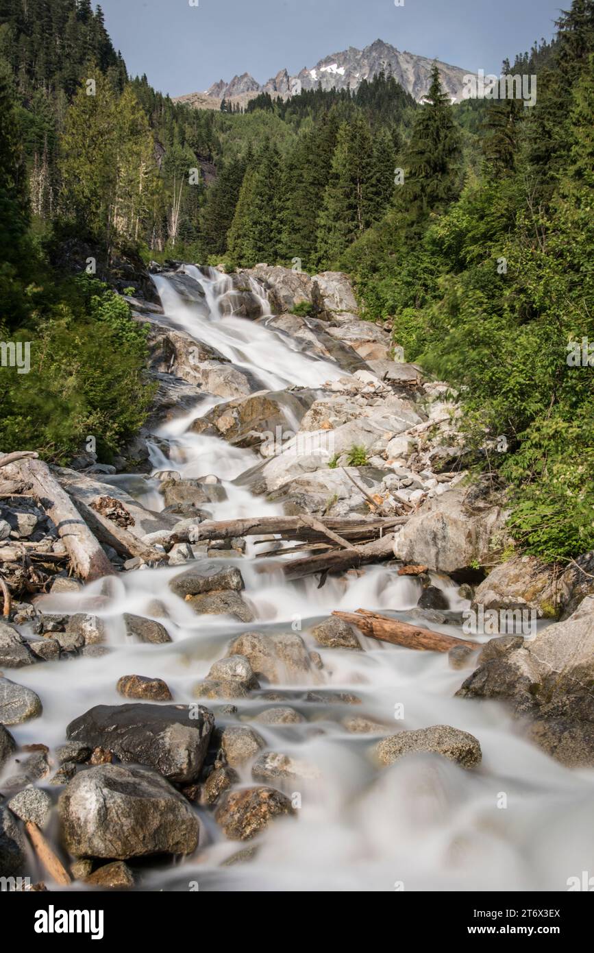 vertical scenic waterfall or cascade on cascade river, north cascades ...