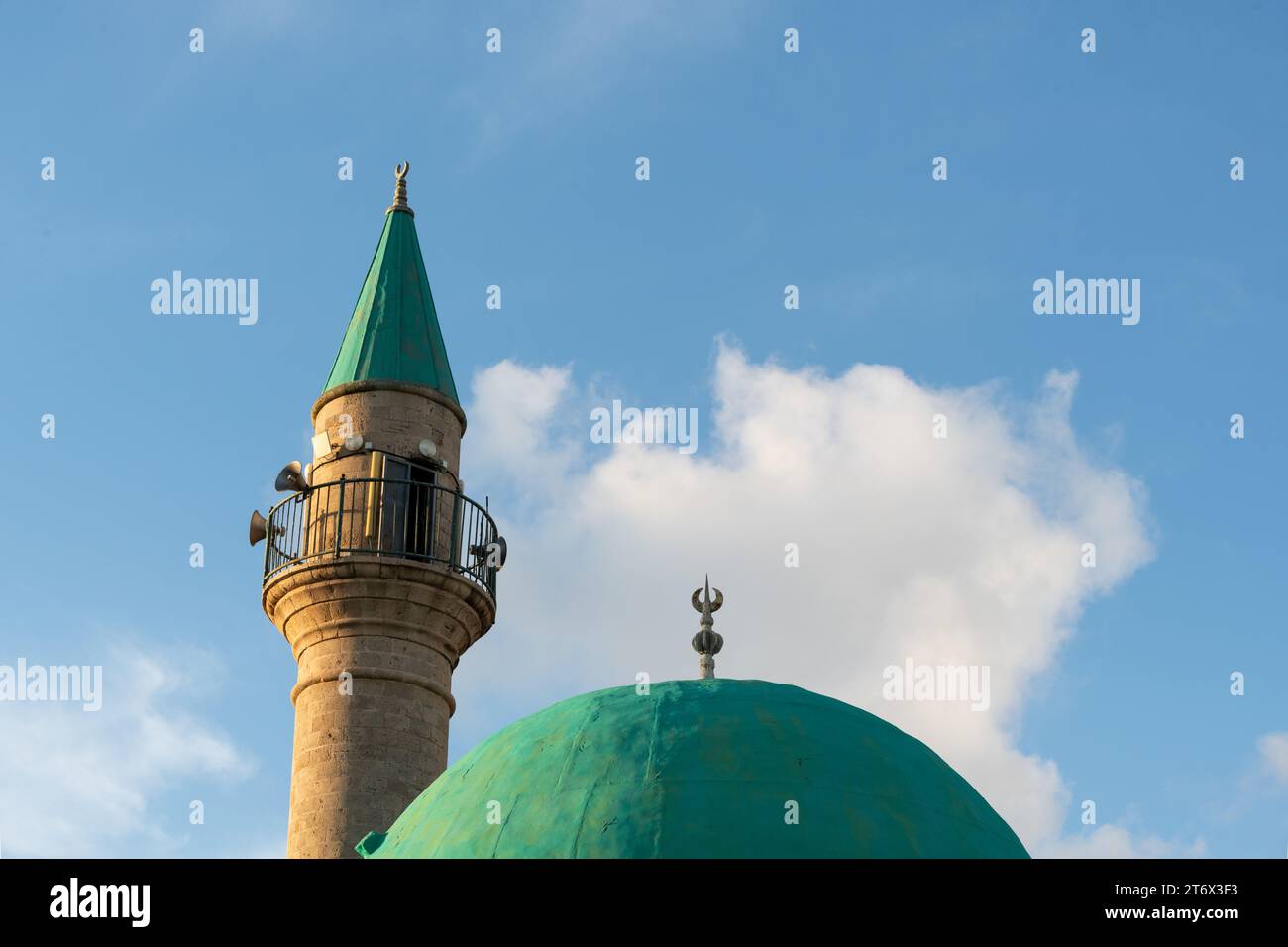 Exterior view of the Sinana Pasha mosque minaret and dome in Acre ...