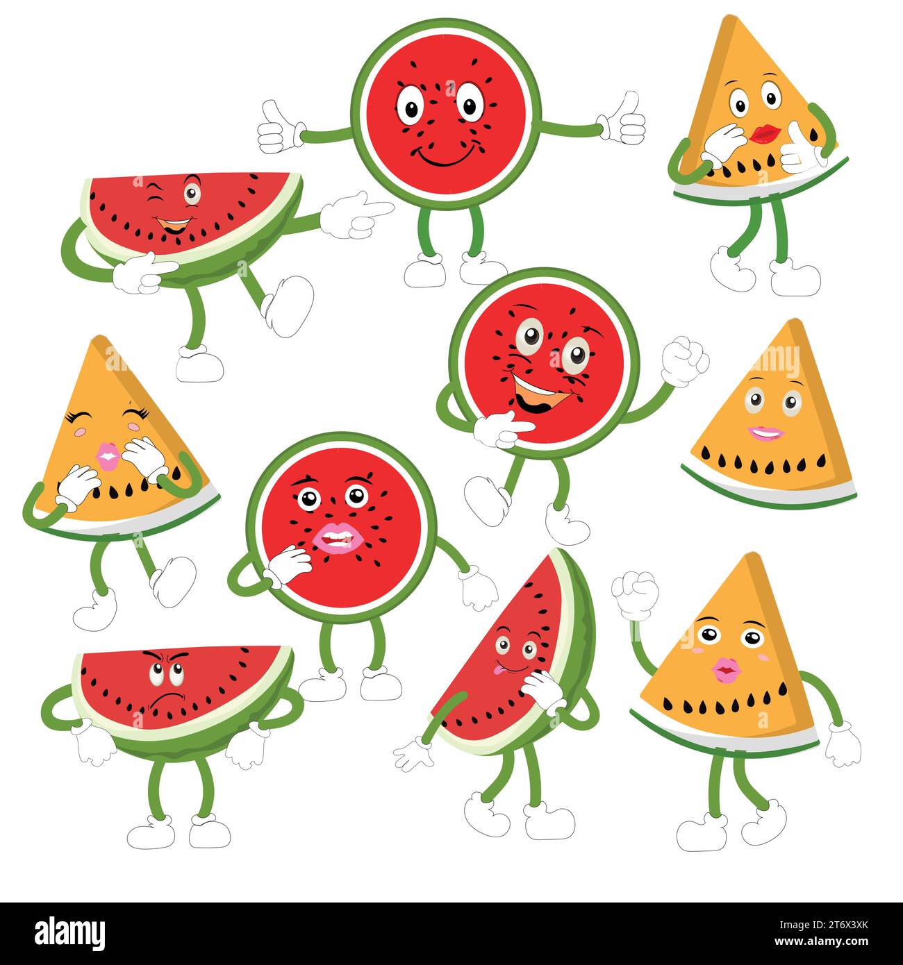 Funny watermelon slices characters with cartoon smile faces. Cute fruit ...