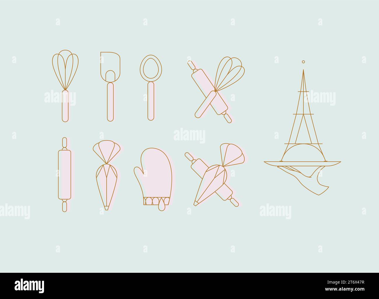 Kitchen utensils in art deco style to prepare bakery products whisk ...