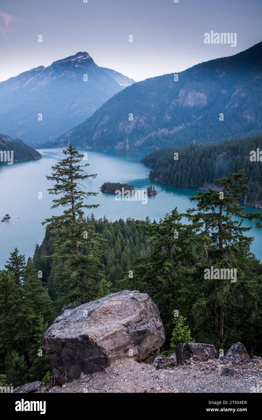 Vertical format of early morning scenic views of Ross Lake national ...