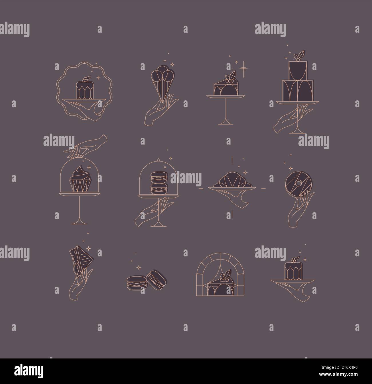 Desserts on cake stand in art deco style labels drawing with brown on ...