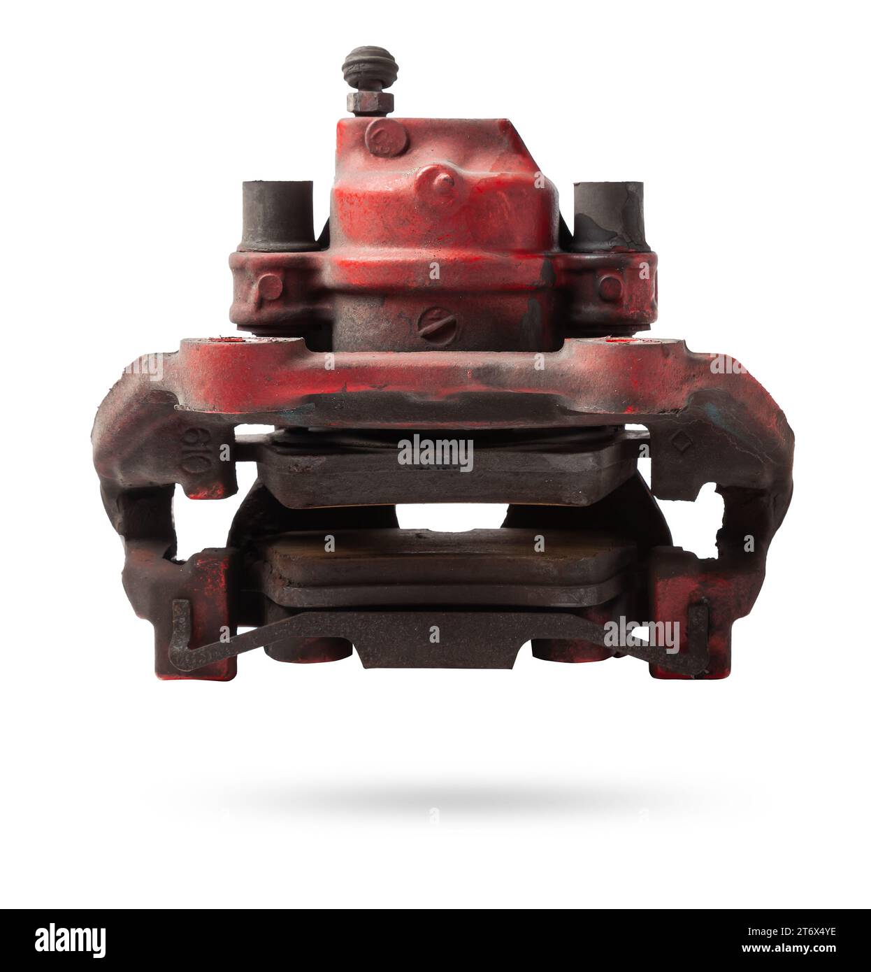 Old red metal brake caliper on a white background for replacement ...