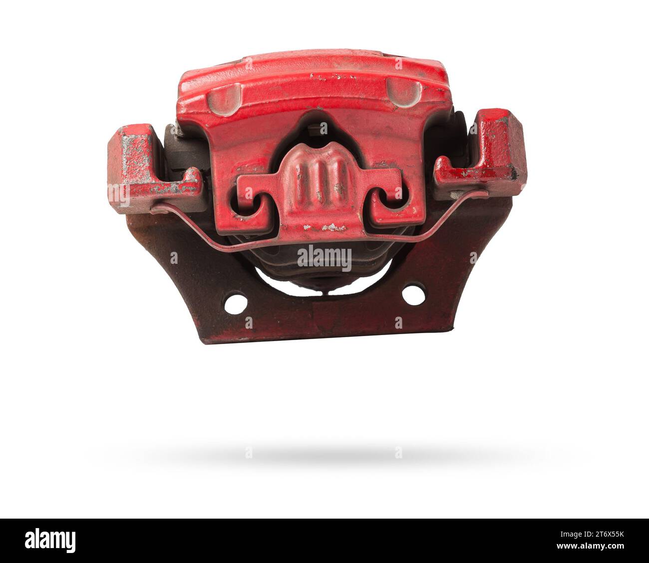 Old red metal brake caliper on a white background for replacement ...