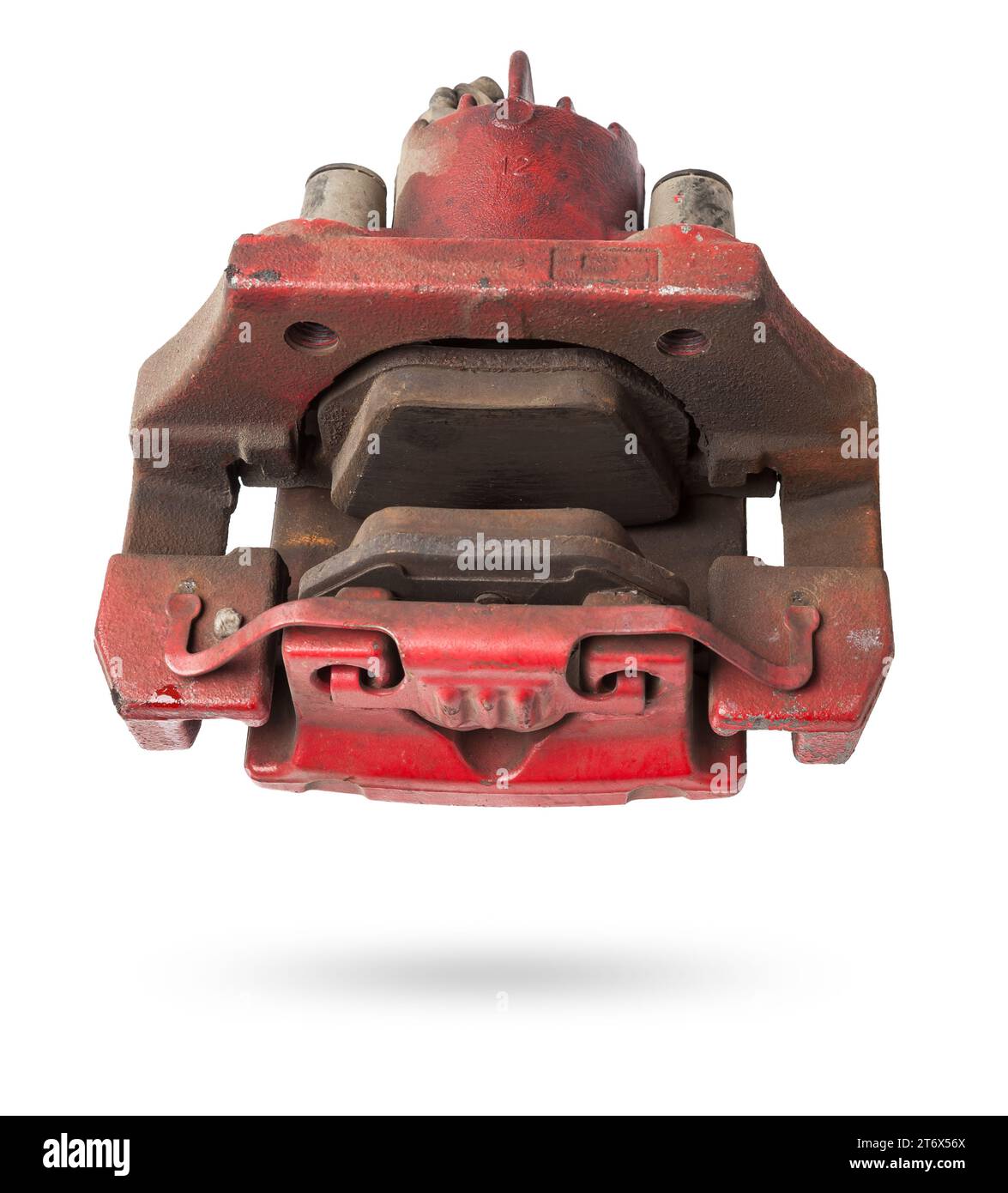 Old red metal brake caliper on a white background for replacement ...