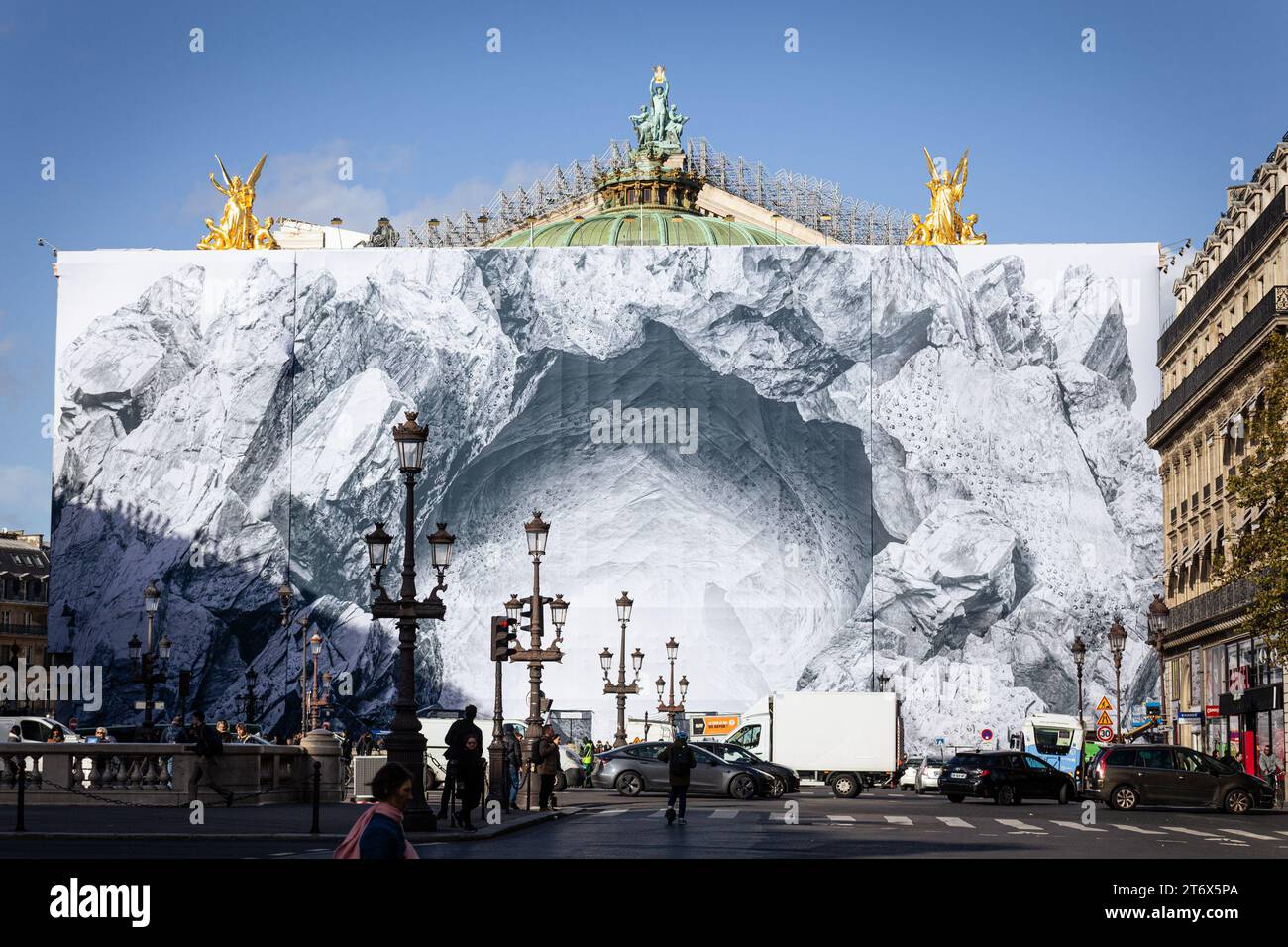 View of the facade of Opéra Garnier with JR artwork, at Place de l ...