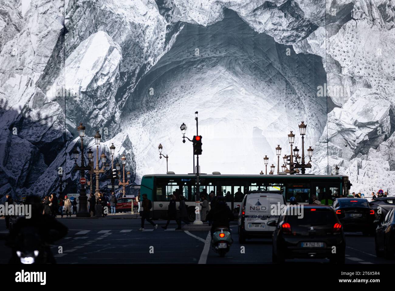 View of the facade of Opéra Garnier with JR artwork, at Place de l ...