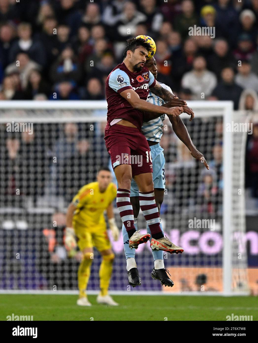 London UK 12th November 2023. Lucas Paqueta (West Ham) and Willy Boly ...