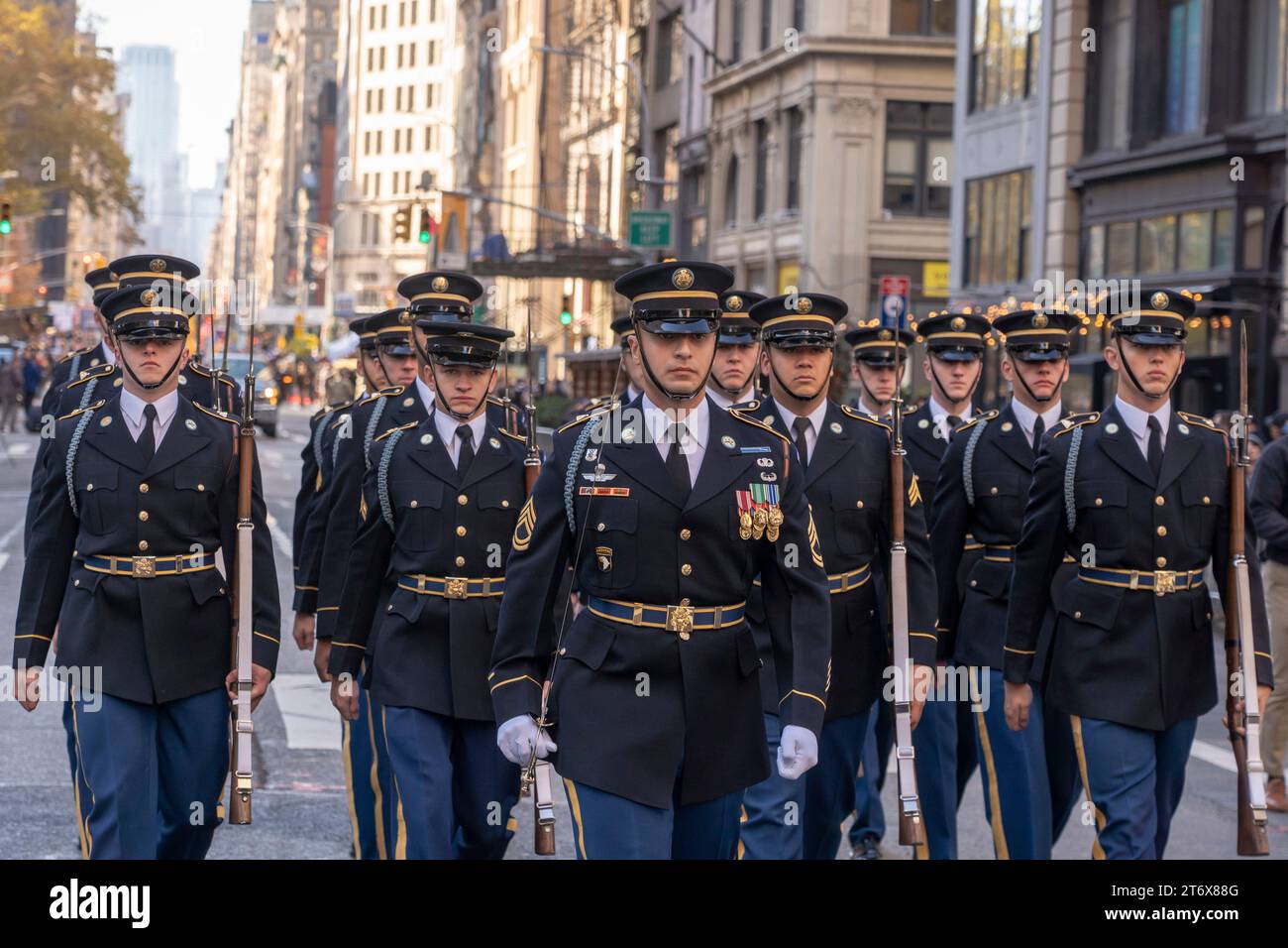 NEW YORK, NEW YORK - NOVEMBER 11: Members of the military participate ...