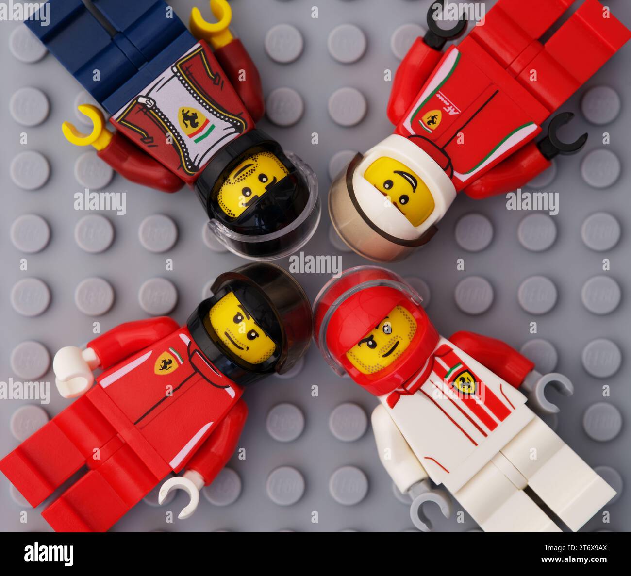 Tambov, Russian Federation - October 01, 2023 Four Lego Ferrari driver ...