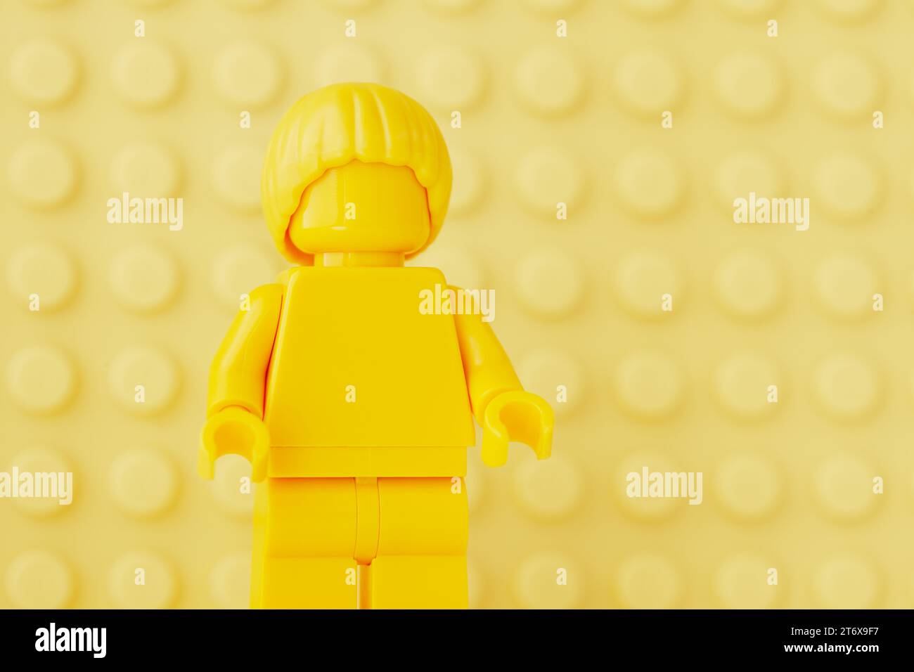 Tambov, Russian Federation - October 31, 2023 Portrait of a yellow Lego ...