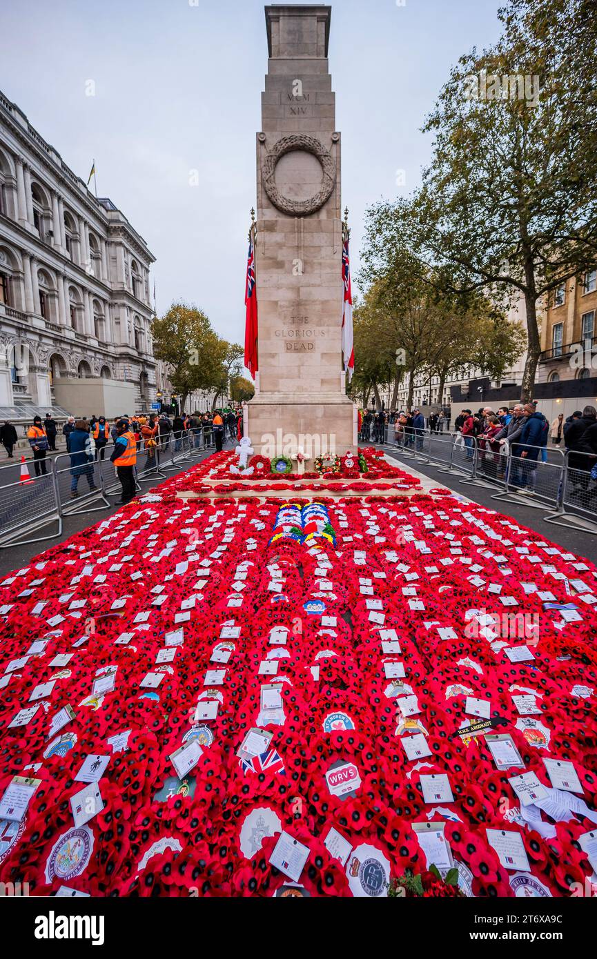 London, UK. 12 Nov 2023. A sea of wreaths at the foot of the Cenotaph ...