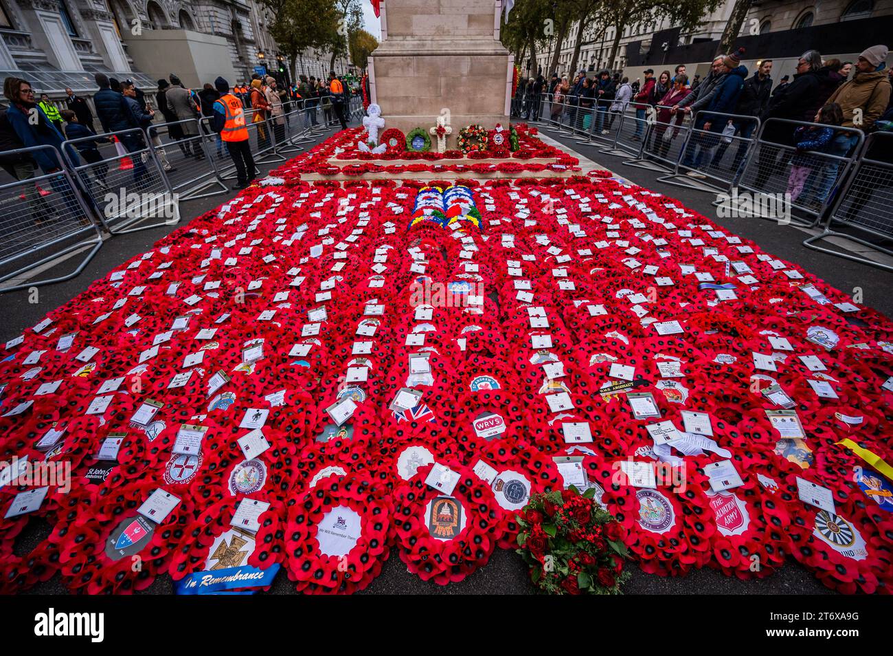 London, UK. 12 Nov 2023. A sea of wreaths at the foot of the Cenotaph ...
