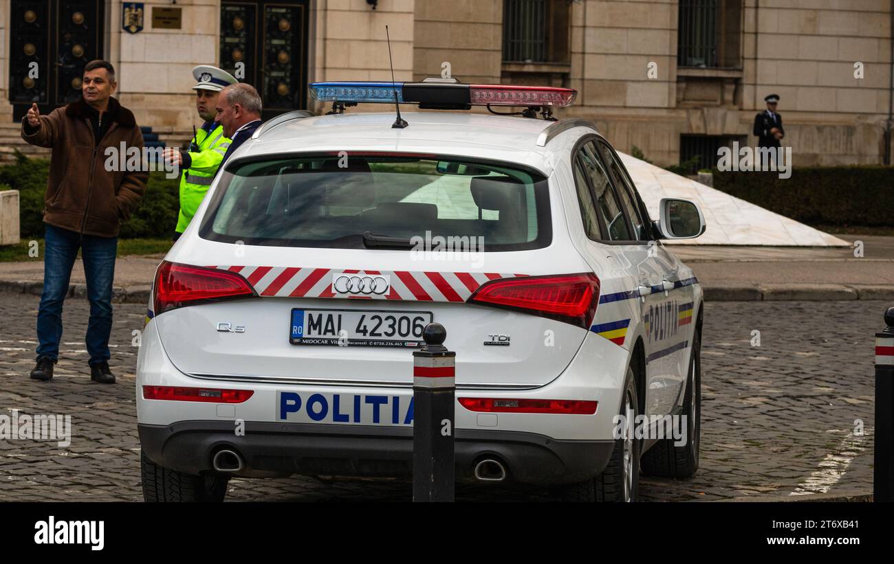 Romanian Police Car in traffic during rush hour in Bucharest Stock ...