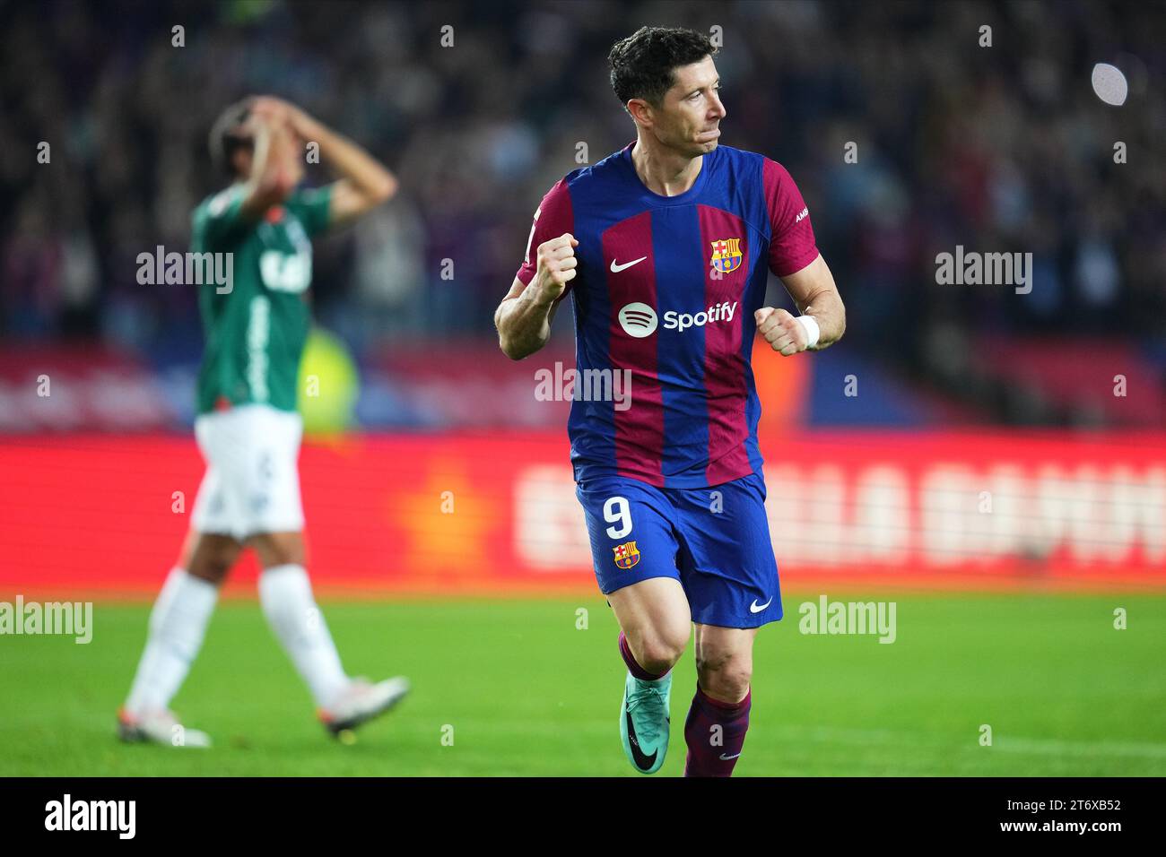 Robert Lewandowski of FC Barcelona celebrates after scoring the 2-1 ...