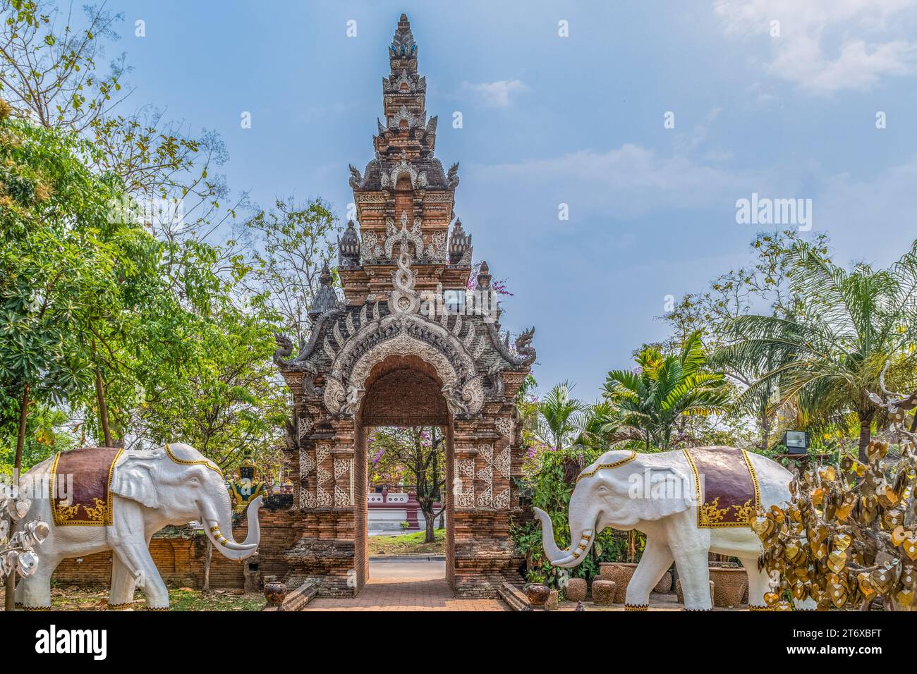 Chiang Mai, Thailand - March 23rd 2018: Two white elephants at the gate ...