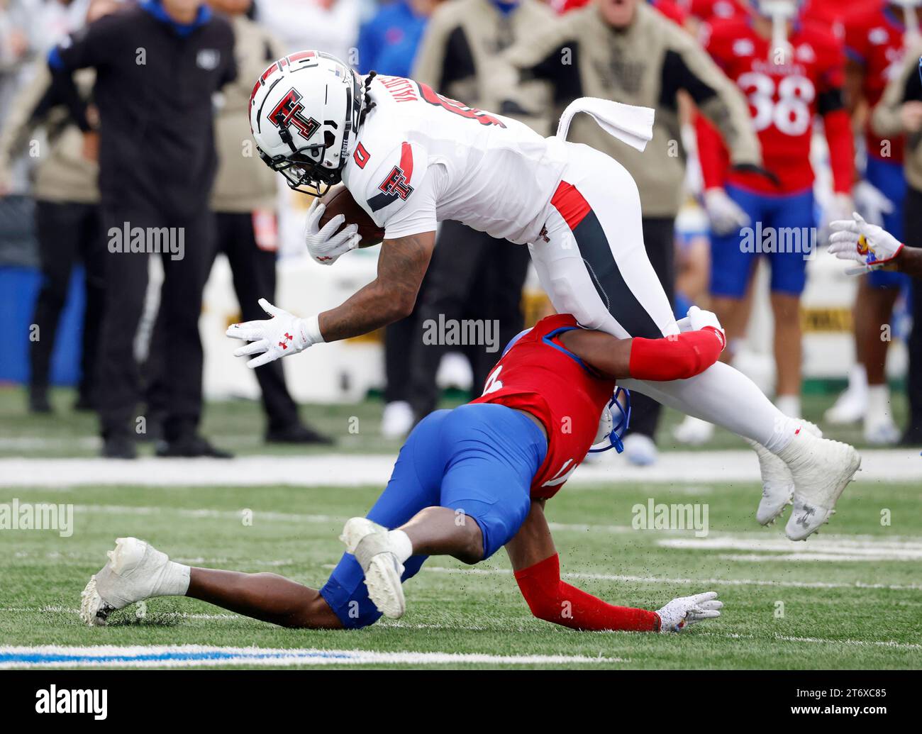 Texas Tech running back Cam'Ron Valdez (0) is upended by Kansas ...