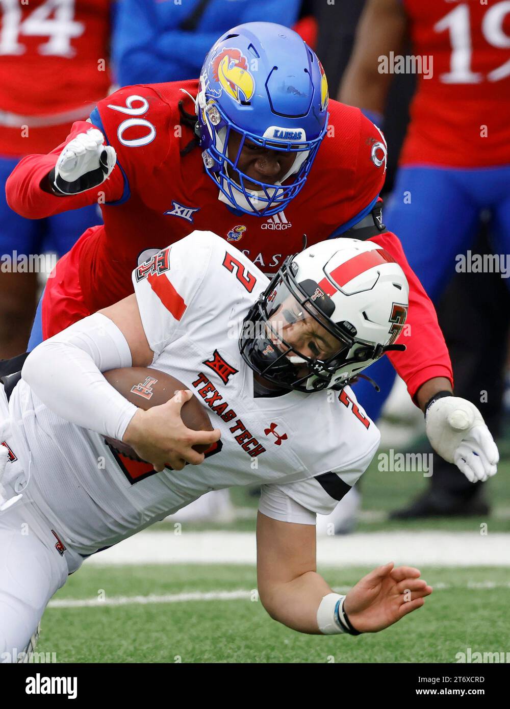 Texas Tech quarterback Behren Morton (2) is tackled by Kansas defensive ...