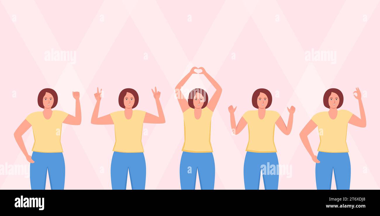 Signs of happiness, body language. Girl showing positive gestures ...