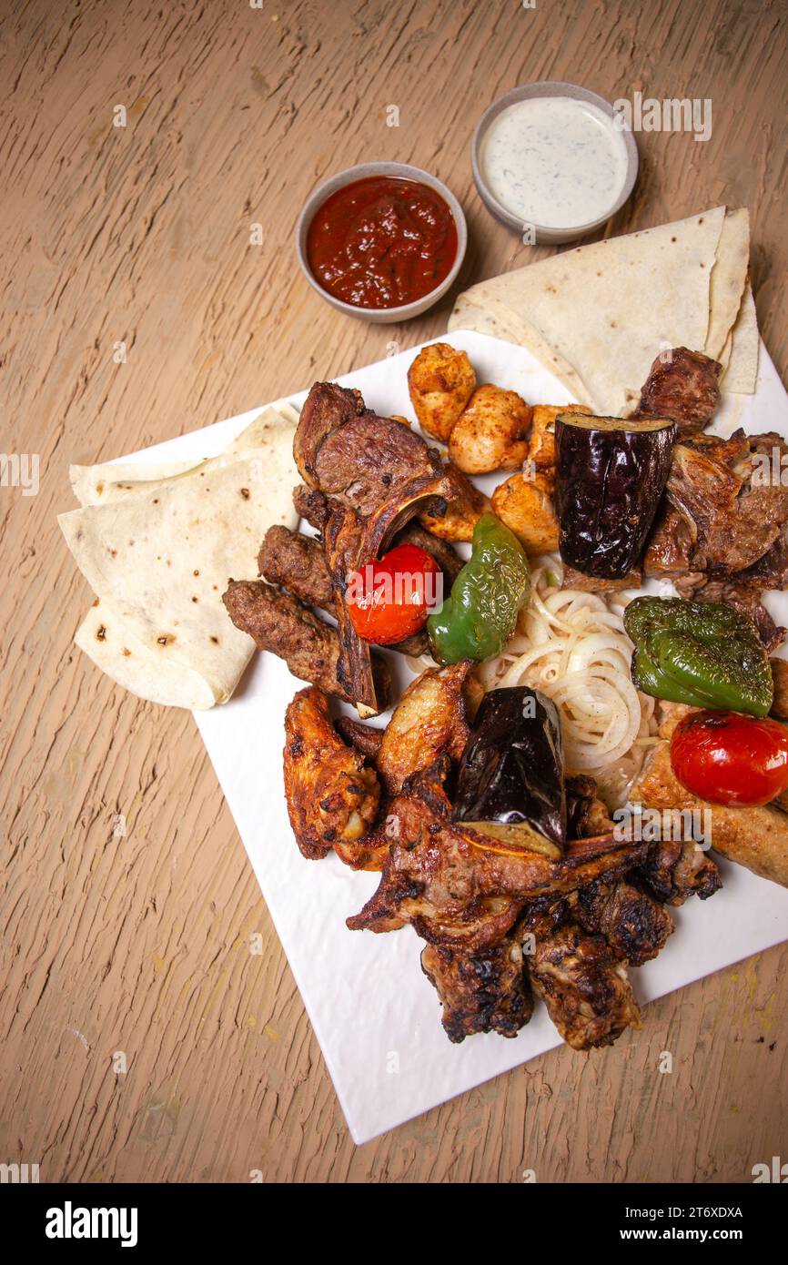 delicious fresh kebab from different meats top view Stock Photo - Alamy