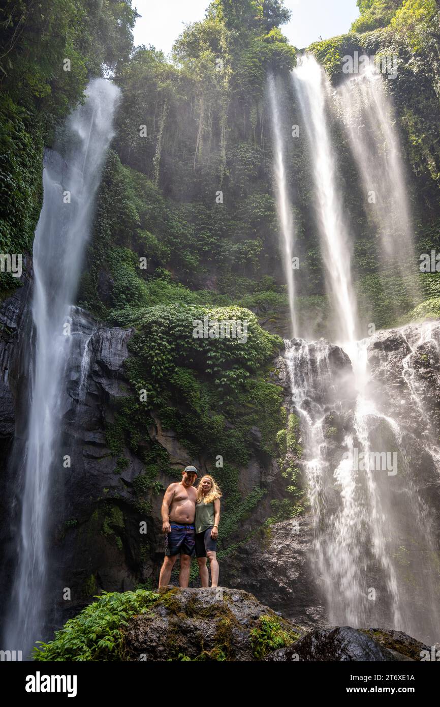 The Sekumpul Waterfall, a large waterfall in the middle of the jungle that falls into a deep ...