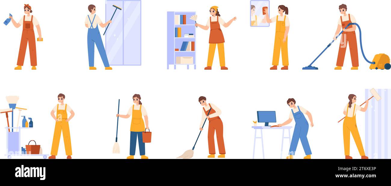 Cleaning service company workers. Men and women, staff clean house and ...