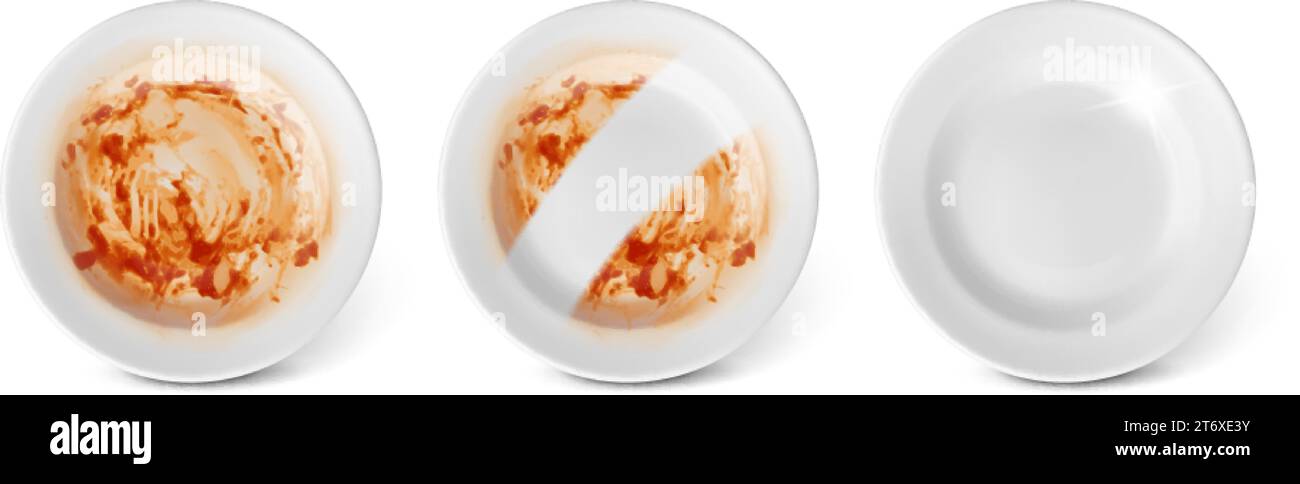 Realistic clean and dirty white plate. Wash dish process, cleaning ...