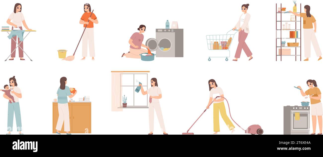 Cute housewives character. Young woman cleaning house, girl doing ...