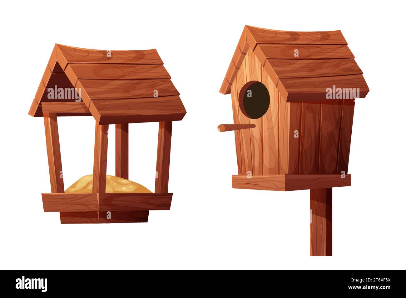 Set wooden bird feeder and bird house with roof, hole and seeds in ...