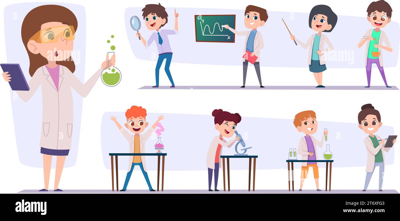 Little scientists. Chemical laboratory kids making experiments holding ...