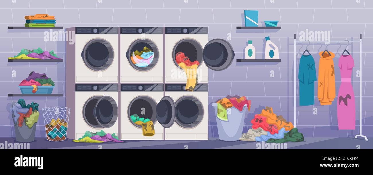 Laundry interior. Big piles of messy and dirty clothes exact vector ...