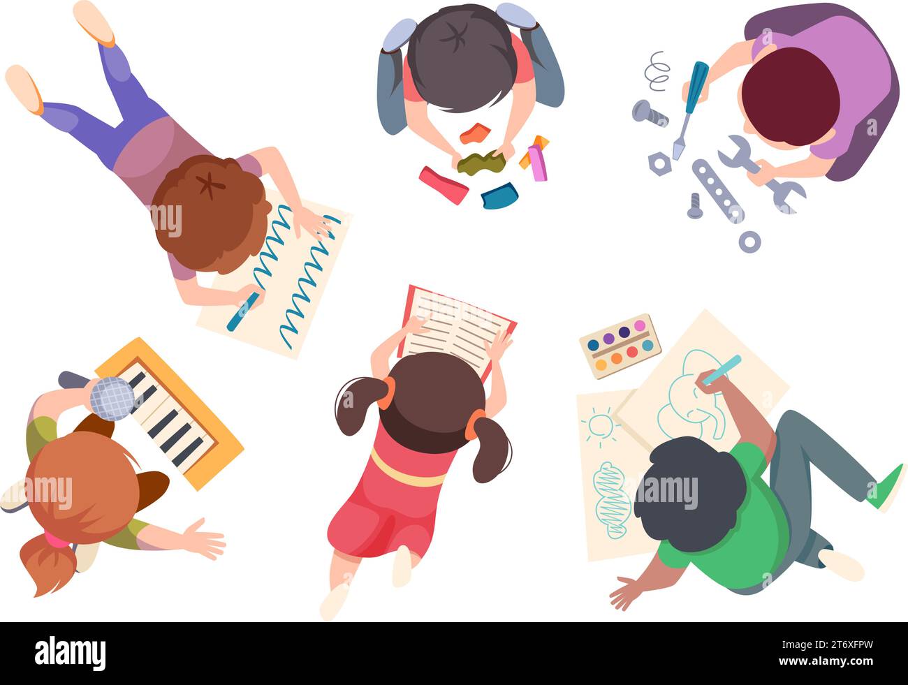 Kids top view. Boys and girls drawing reading writing at paper sitting ...