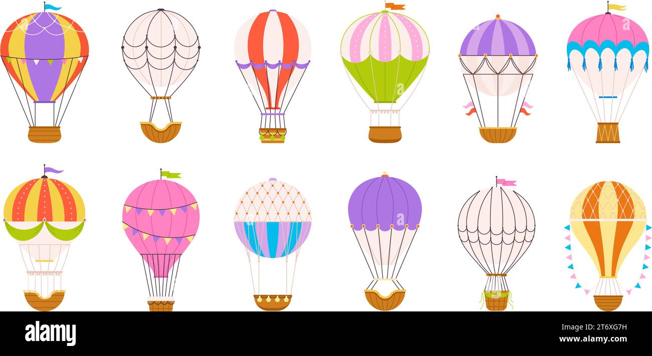Hot air balloons cartoon elements. Vintage airships, flying adventures ...