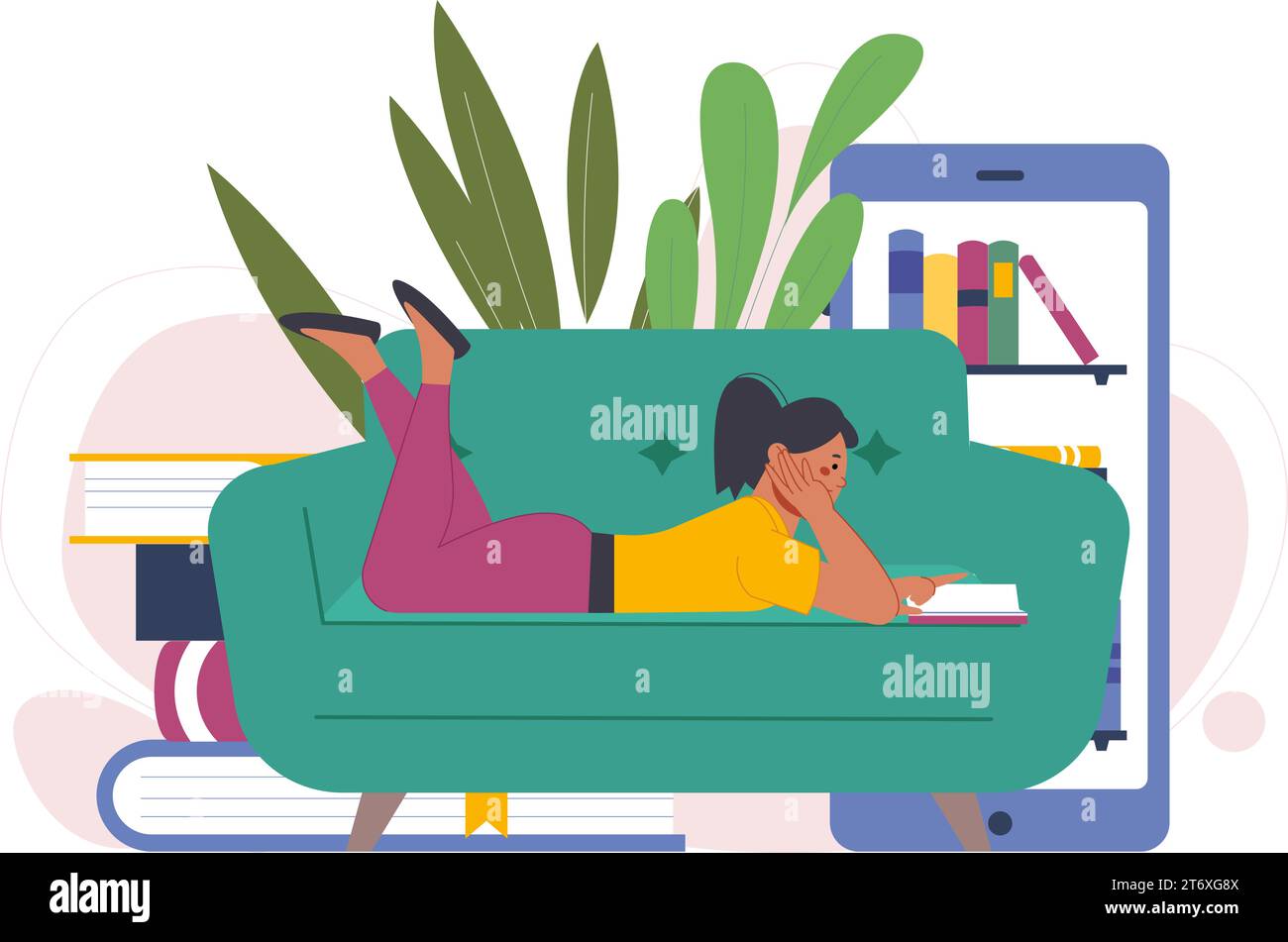 Student reading on sofa. Young female character with book, reader ...