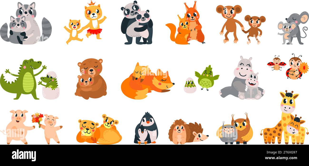 Cute mother animals. Baby hug mom, wild animals family characters ...