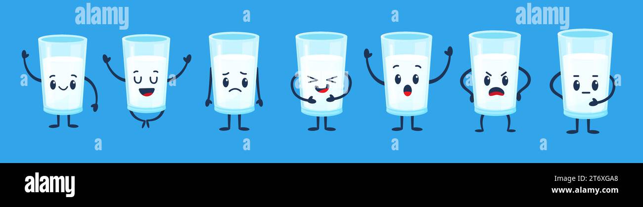 Milk glass. Childish breakfast hero, kids cute mascot with different ...