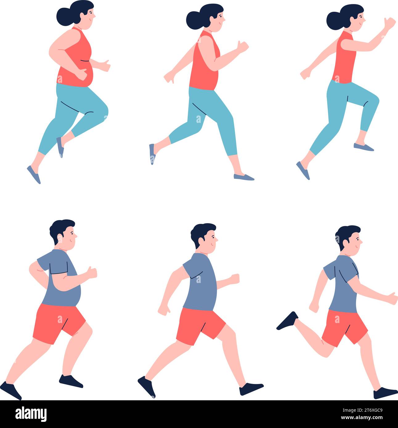 Obese people run and lose weight step by step. From overweight to slim ...